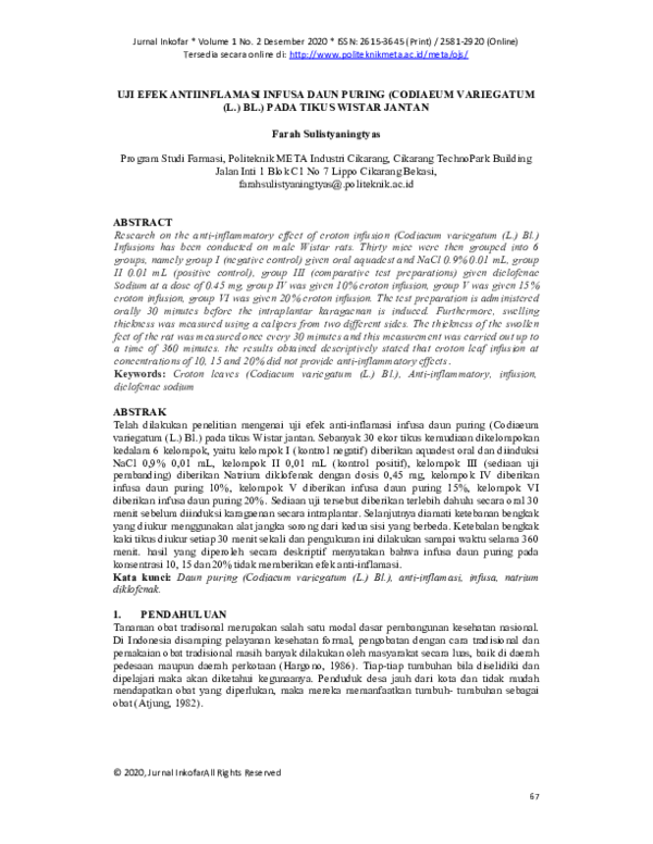 (PDF) UJI EFEK ANTIINFLAMASI INFUSA DAUN PURING (Codiaeum variegatum (L ...