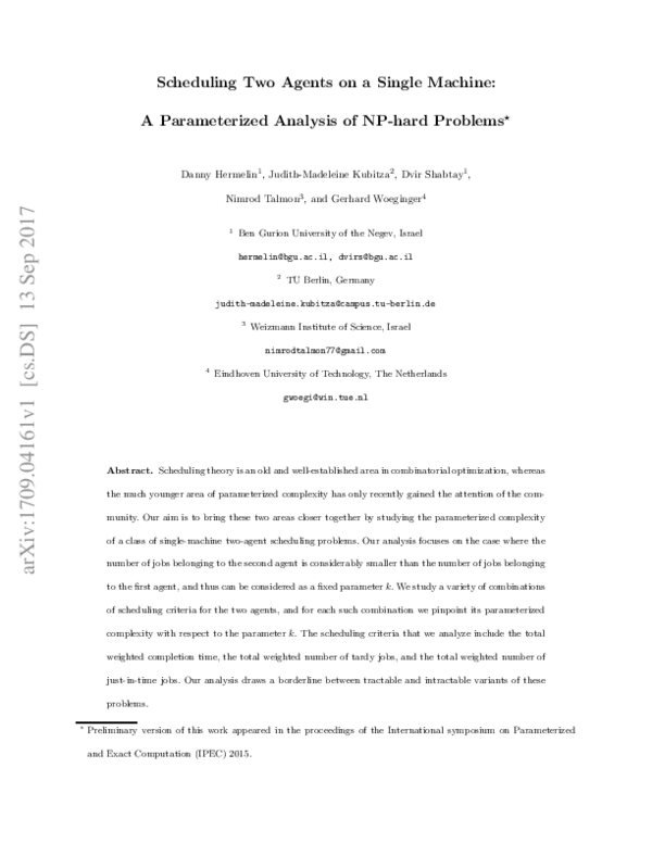 (PDF) Scheduling two agents on a single machine: A parameterized analysis of NP-hard problems