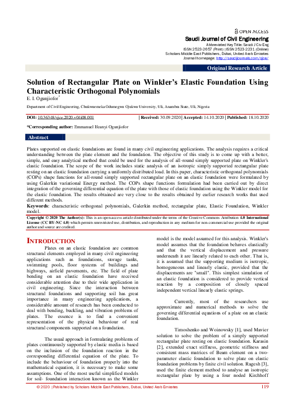 Pdf Solution Of Rectangular Plate On Winklers Elastic Foundation Using Characteristic