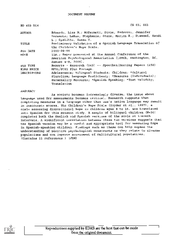 (PDF) Preliminary Validation of a Spanish Language Translation of the ...
