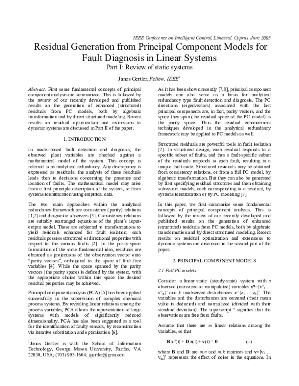 Pdf Residual Generation From Principal Component Models For Fault