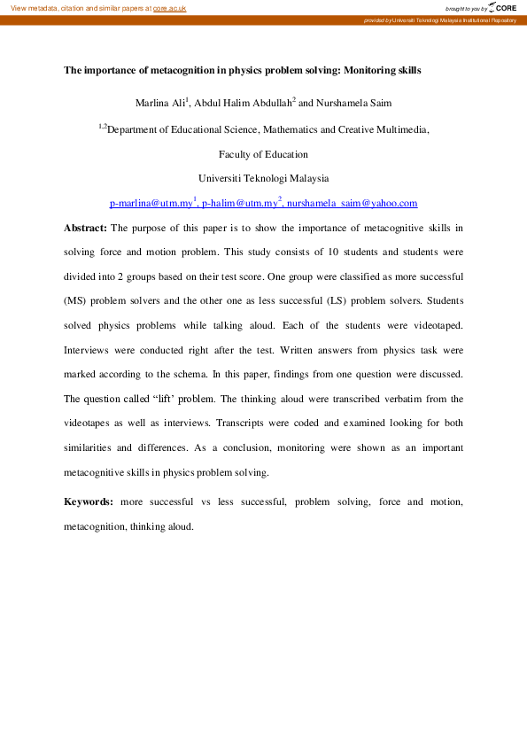 (PDF) The importance of metacognition in physics problem solving: monitoring skills