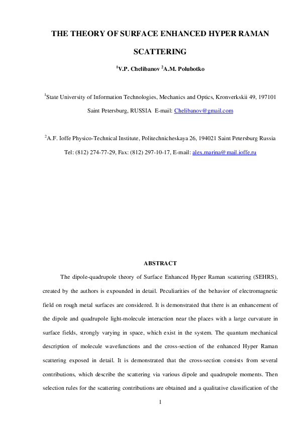 (PDF) The theory of Surface Enhanced Hyper Raman Scattering (A review)