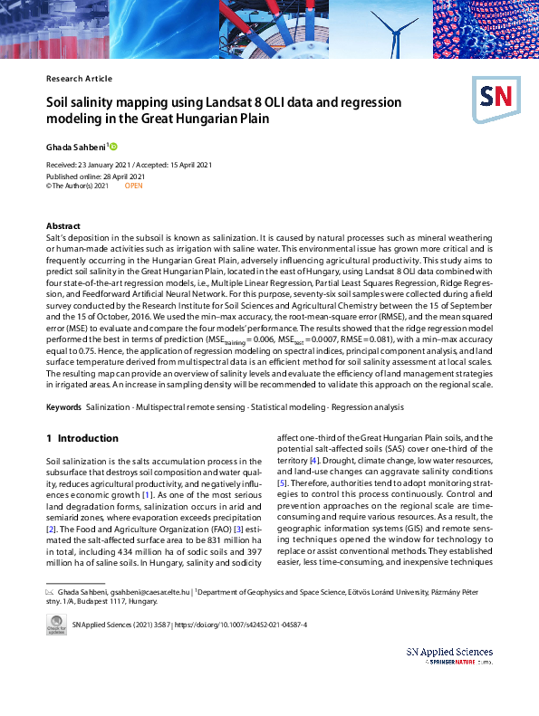 (PDF) Soil salinity mapping using Landsat 8 OLI data and regression modeling in the Great ...