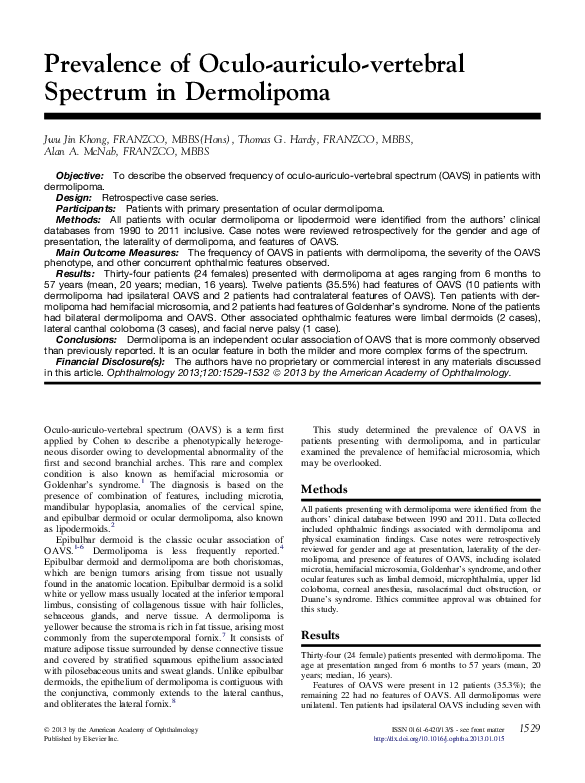 (PDF) Prevalence of Oculo-auriculo-vertebral Spectrum in Dermolipoma
