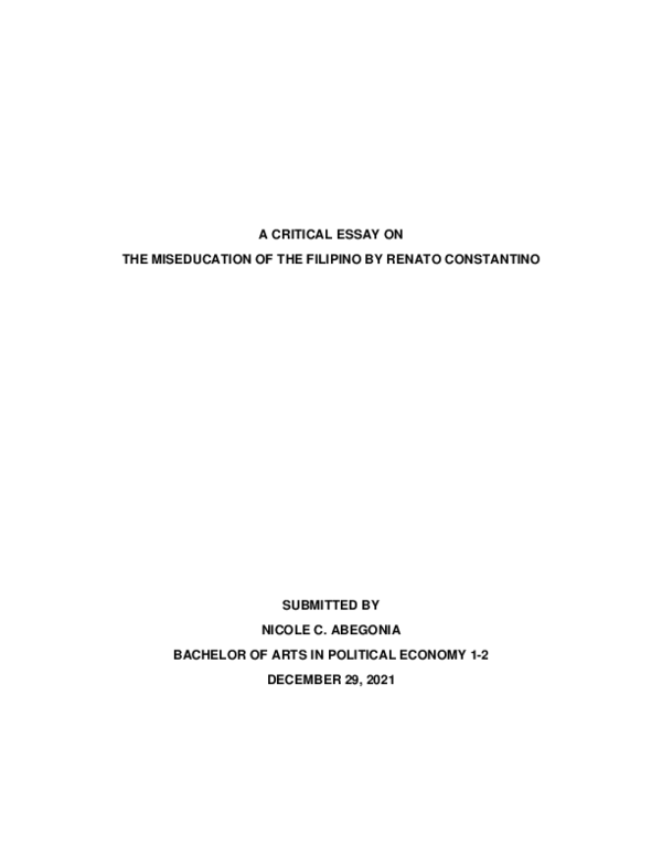 (PDF) A Critical Essay on The Miseducation of Filipinos by Renato Constantino
