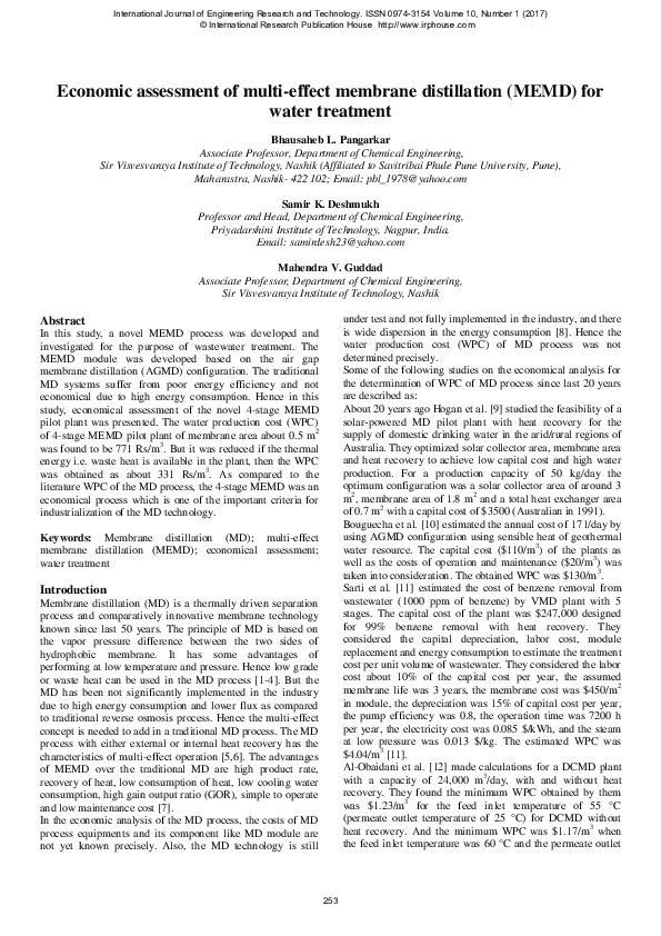 (PDF) Economic assessment of multi-effect membrane distillation ( MEMD ...