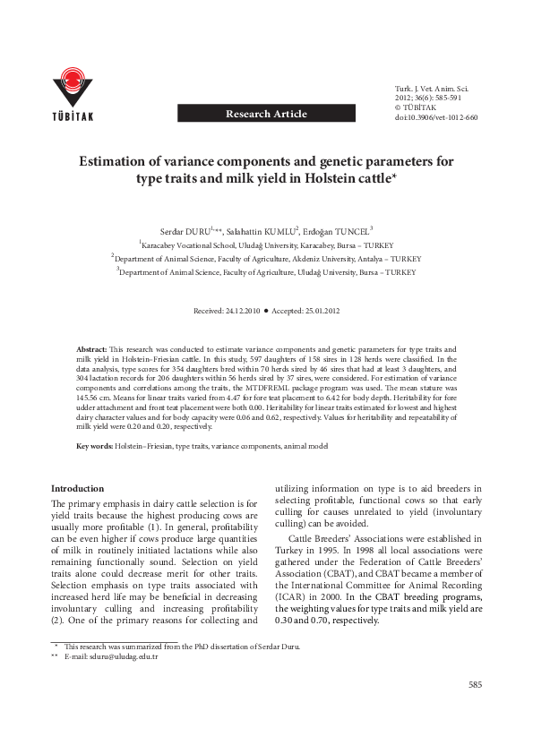 Pdf Estimation Of Variance Components And Genetic Parameters For Type