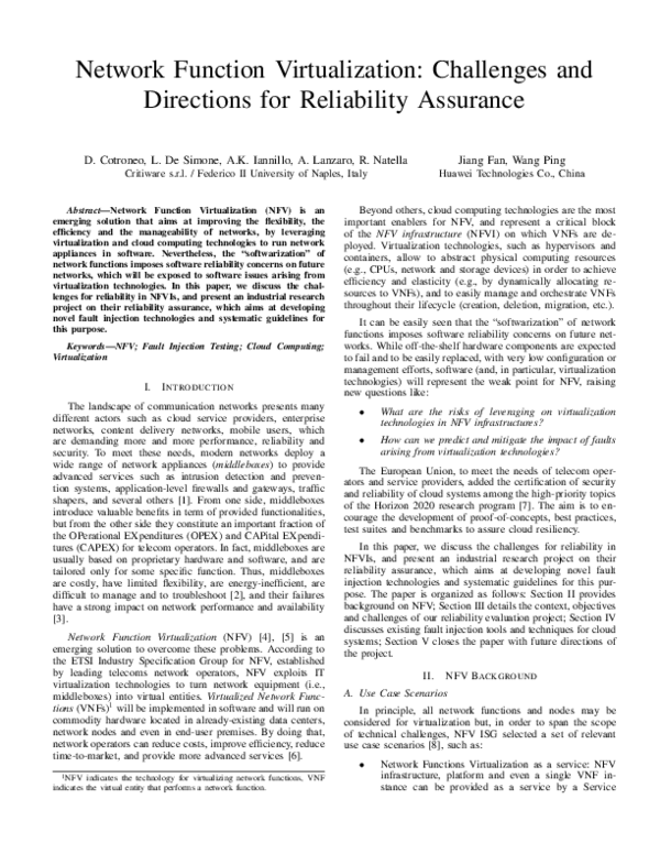 (PDF) Network Function Virtualization: Challenges and Directions for Reliability Assurance
