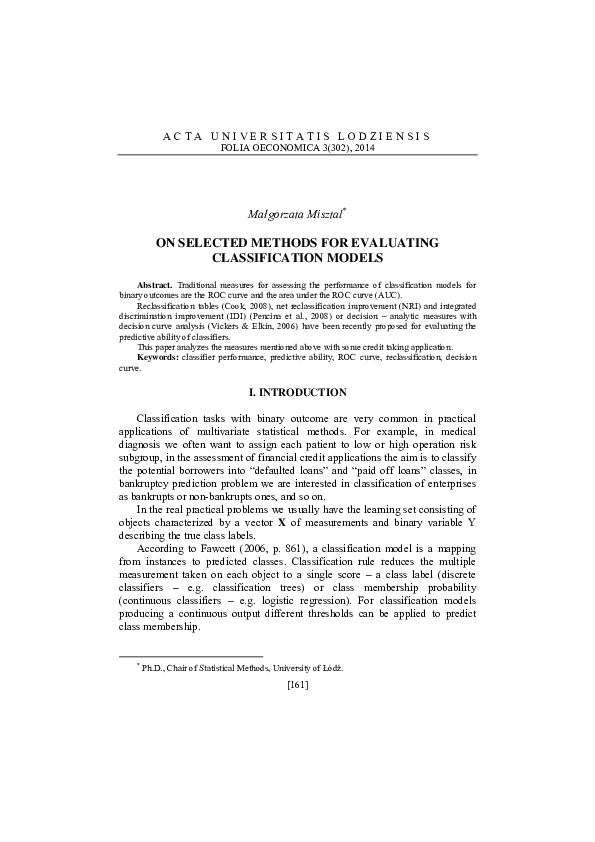 (PDF) On the Selected Methods for Evaluating Classification Models