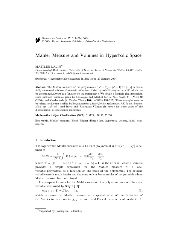 (PDF) Mahler Measure and Volumes in Hyperbolic Space MATILDE LALÍN
