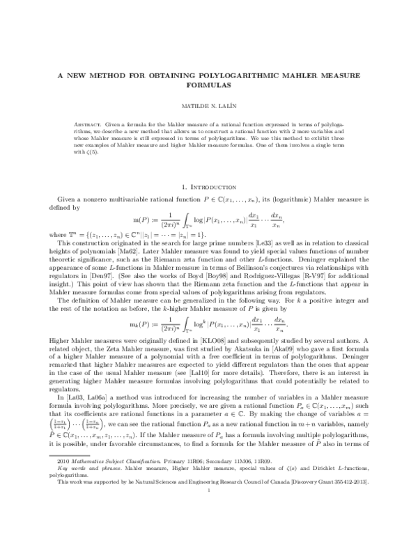 (PDF) A new method for obtaining polylogarithmic Mahler measure formulas