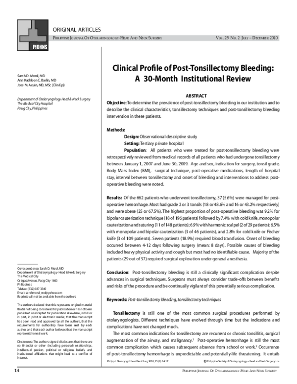 (PDF) Clinical Profile of Post-Tonsillectomy Bleeding - A 30-Month ...