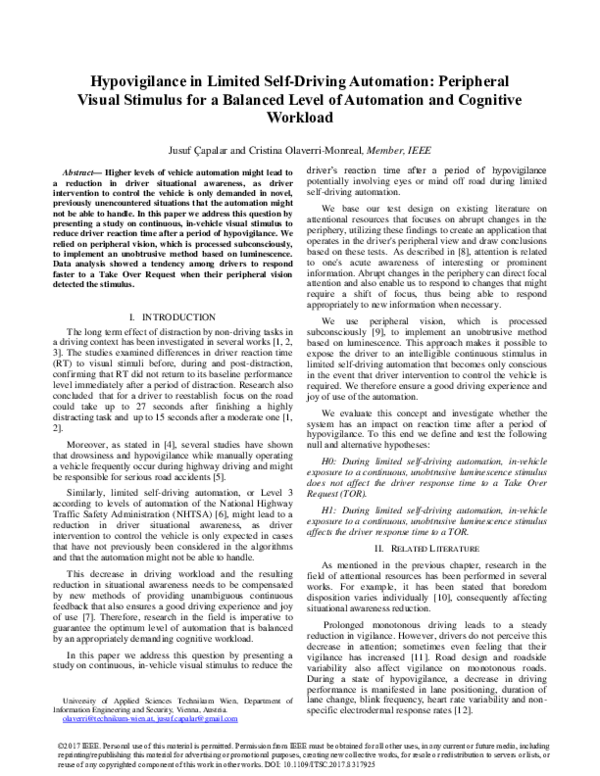 (PDF) Hypovigilance in limited self-driving automation: Peripheral ...