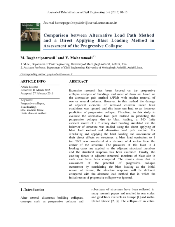 Pdf Comparison Between Alternative Load Path Method And A Direct Applying Blast Loading Method