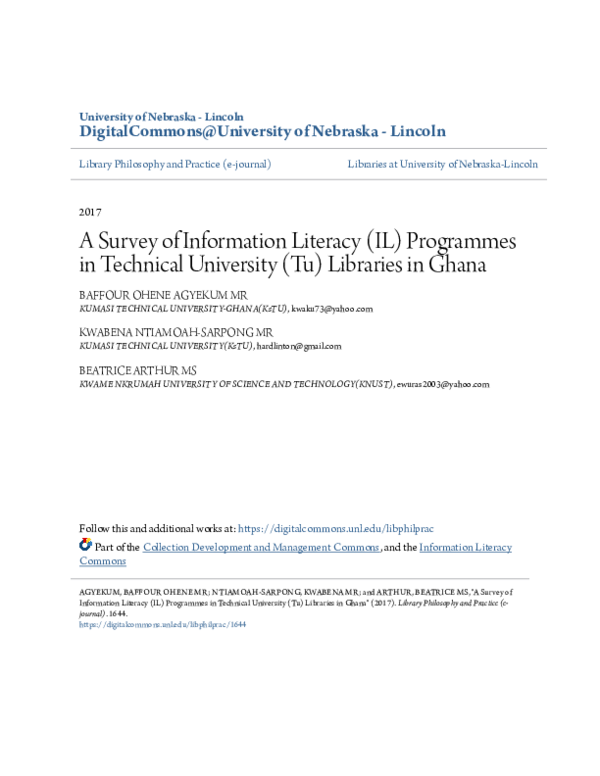 (PDF) A Survey of Information Literacy (IL) Programmes in Technical ...