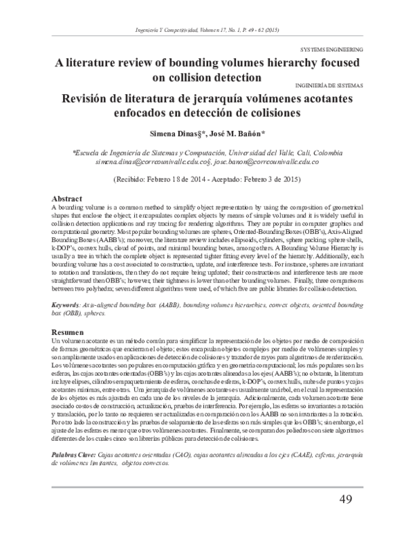 (PDF) A literature review of bounding volumes hierarchy focused on collision detection