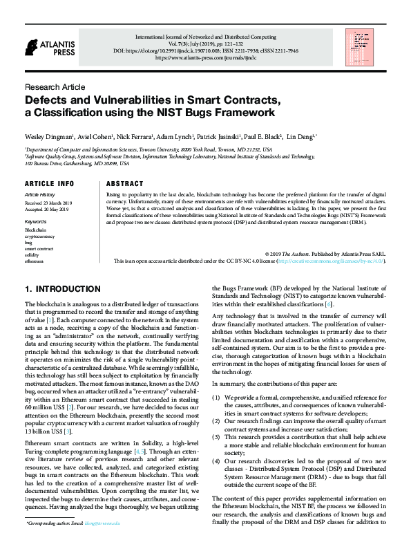 (PDF) Defects and Vulnerabilities in Smart Contracts, a Classification using the NIST Bugs Framework