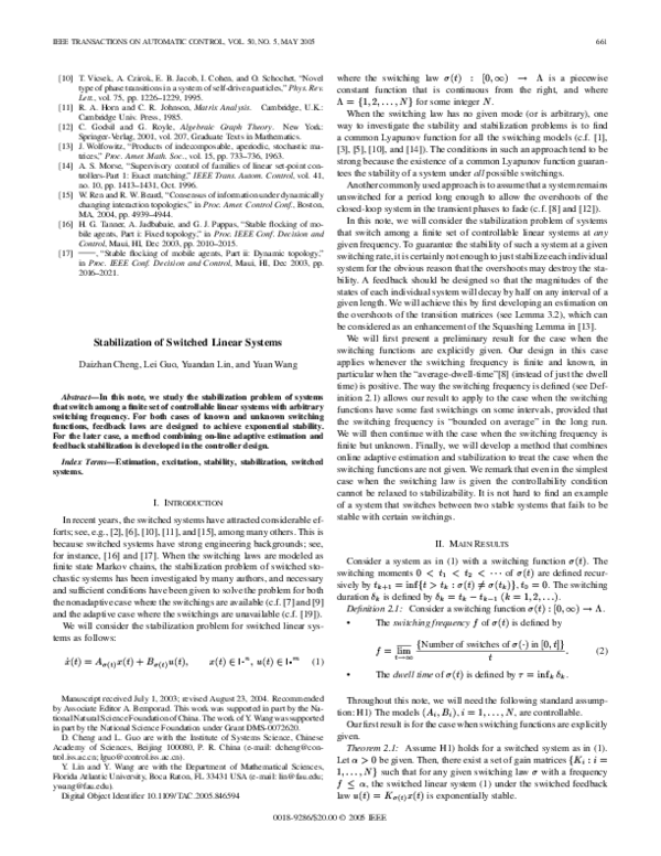(PDF) Stabilization of Switched Linear Systems