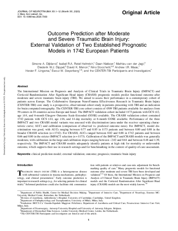 (PDF) Outcome Prediction after Moderate and Severe Traumatic Brain Injury: External Validation ...