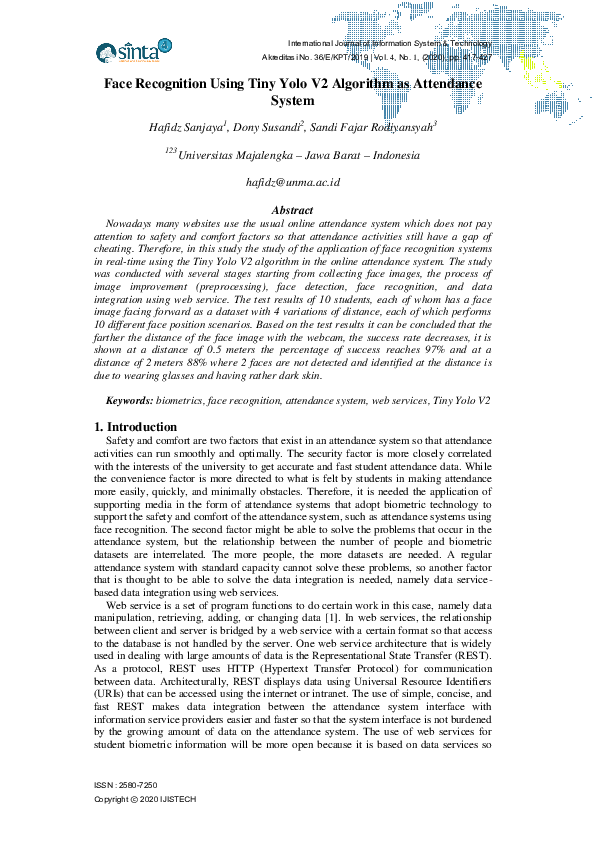 Pdf Face Recognition Using Tiny Yolo V2 Algorithm As Attendance System 1568