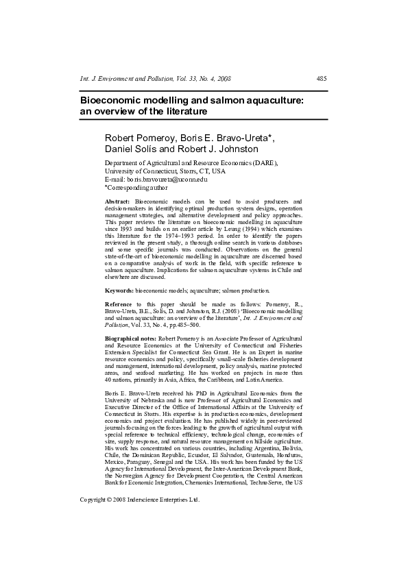 (PDF) Bioeconomic modelling and salmon aquaculture: an overview of the ...
