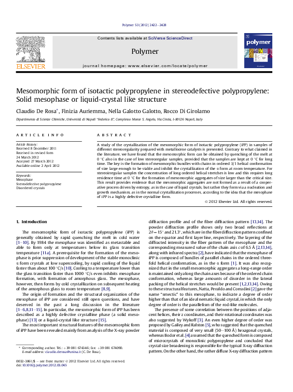 (PDF) Mesomorphic form of isotactic polypropylene in stereodefective ...