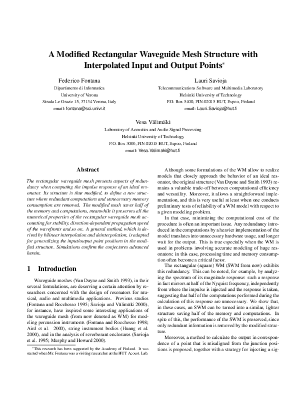 (PDF) A Modified Rectangular Waveguide Mesh Structure with Interpolated Input and Output Points