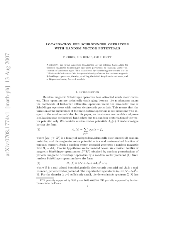 (PDF) Localization for Schrodinger operators with random vector ...