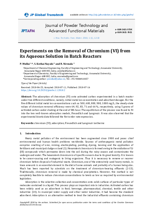 (PDF) Experiments on the removal of chromium (VI) from its aqueous ...