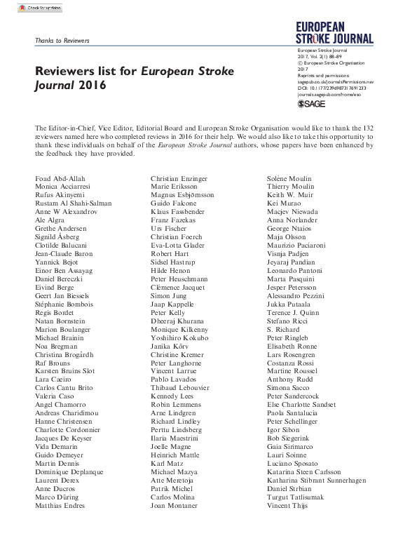 (PDF) Reviewers list for European Stroke Journal 2016