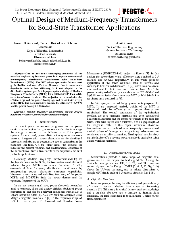 Pdf Optimal Design Of Medium Frequency Transformers For Solid State Transformer Applications