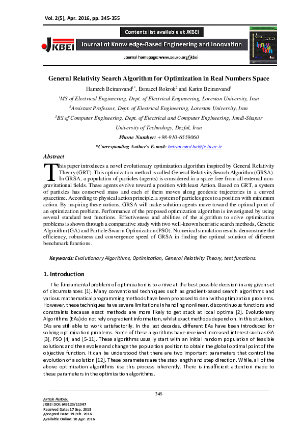 (PDF) General Relativity Search Algorithm for Optimization in Real Numbers Space