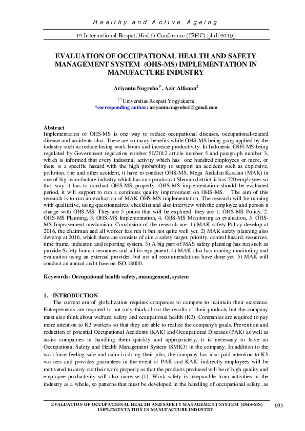 (PDF) Evaluation of Occupational Health and Safety Management System ...