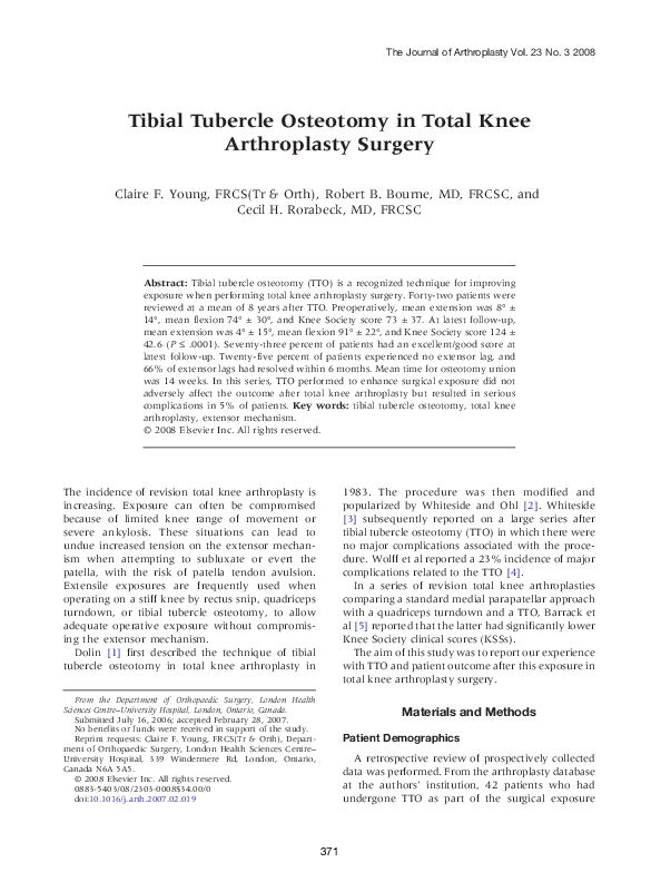 (PDF) Tibial Tubercle Osteotomy in Total Knee Arthroplasty Surgery