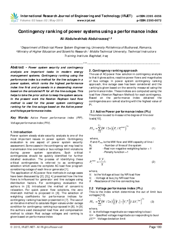(PDF) Contingency ranking of power systems using a performance index