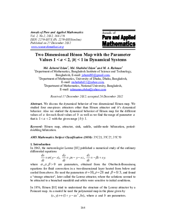 (PDF) Two Dimensional Hénon Map with the Parameter Values 1