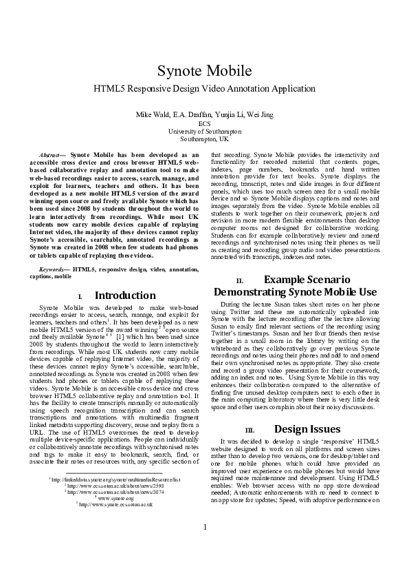 (PDF) Synote mobile: HTML5 responsive design video annotation application | E.A. Draffan ...