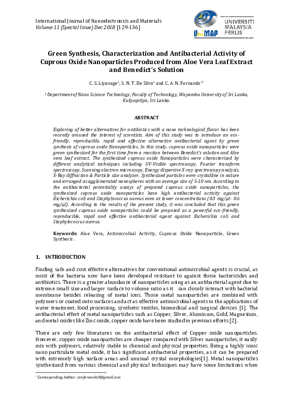 (PDF) Green Synthesis, Characterization and Antibacterial Activity of Cuprous Oxide ...