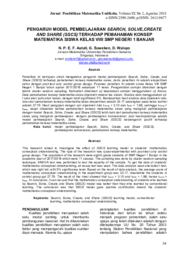 (PDF) Pengaruh Model Pembelajaran Search, Solve, Create and Share (SSCS) Terhadap Peningkatan ...