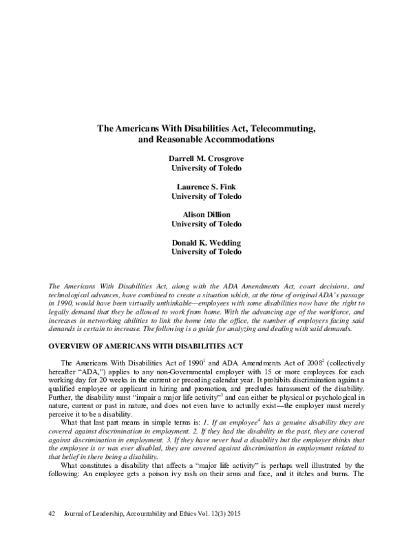 (PDF) The Americans With Disabilities Act, Telecommuting, and ...