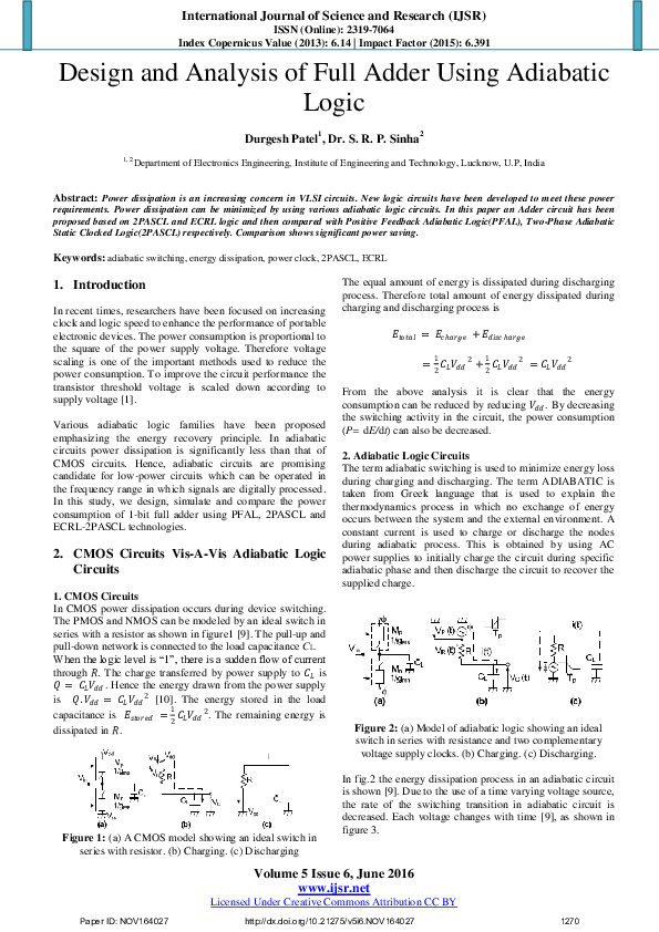 Pdf Design And Analysis Of Full Adder Using Adiabatic Logic