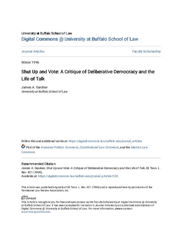 (PDF) Shut Up and Vote: A Critique of Deliberative Democracy and the ...
