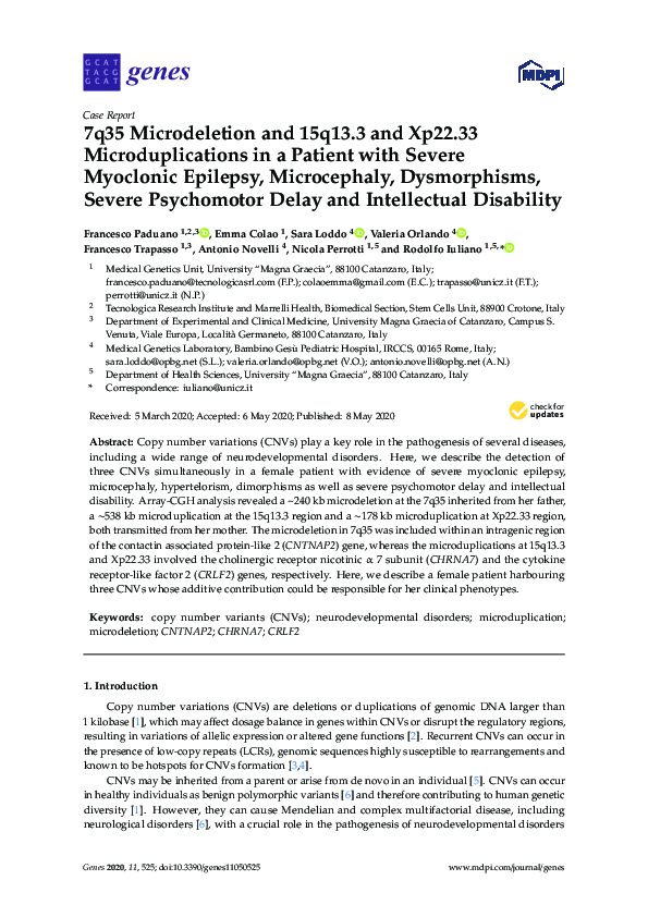 (PDF) 7q35 Microdeletion and 15q13.3 and Xp22.33 Microduplications in a ...