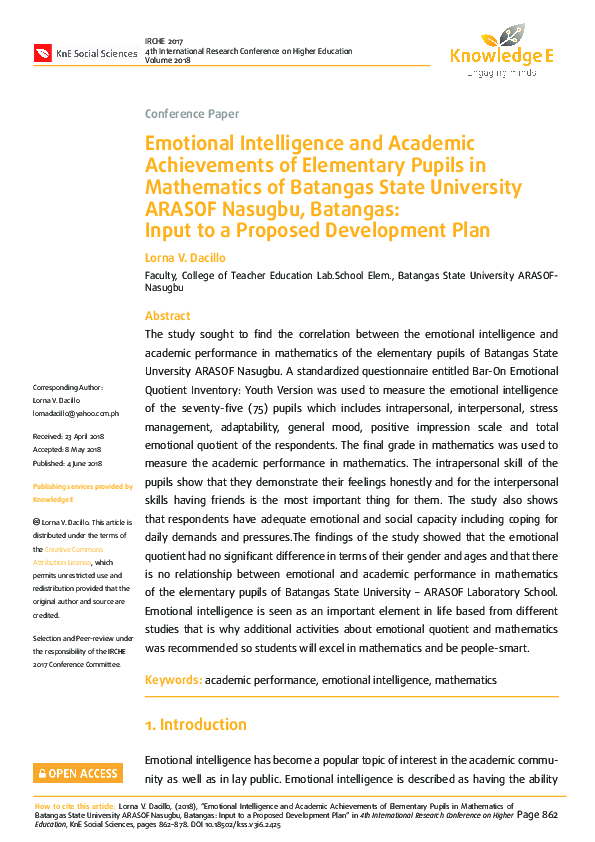 (PDF) Emotional intelligence and academic achievement of school children