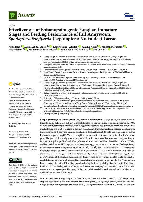 (PDF) Effectiveness of Entomopathogenic Fungi on Immature Stages and Feeding Performance of Fall ...
