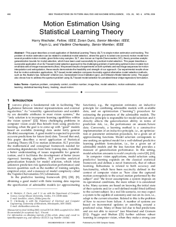 Pdf Motion Estimation Using Statistical Learning Theory