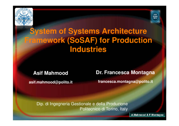 (PDF) System of Systems Architecture Framework (SoSAF) for production ...