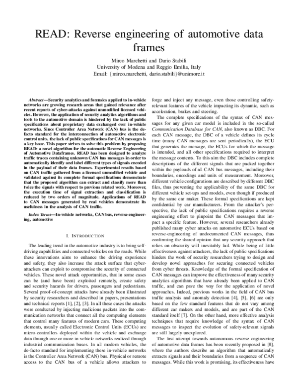 (PDF) Reverse engineering of automotive data frames