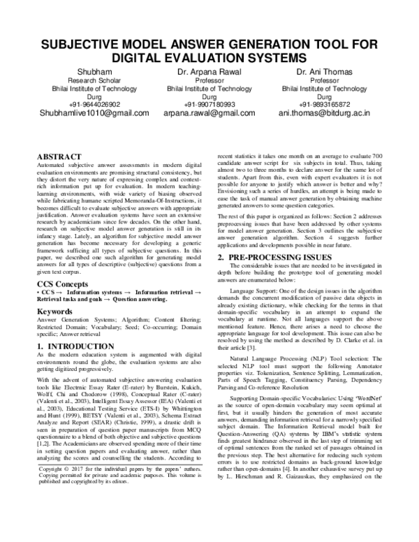 (PDF) Subjective Model Answer Generation Tool for Digital Evaluation ...